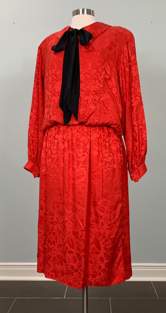 1980s Halston III Red Silk Long Sleeve Secretary Dres… - Gem