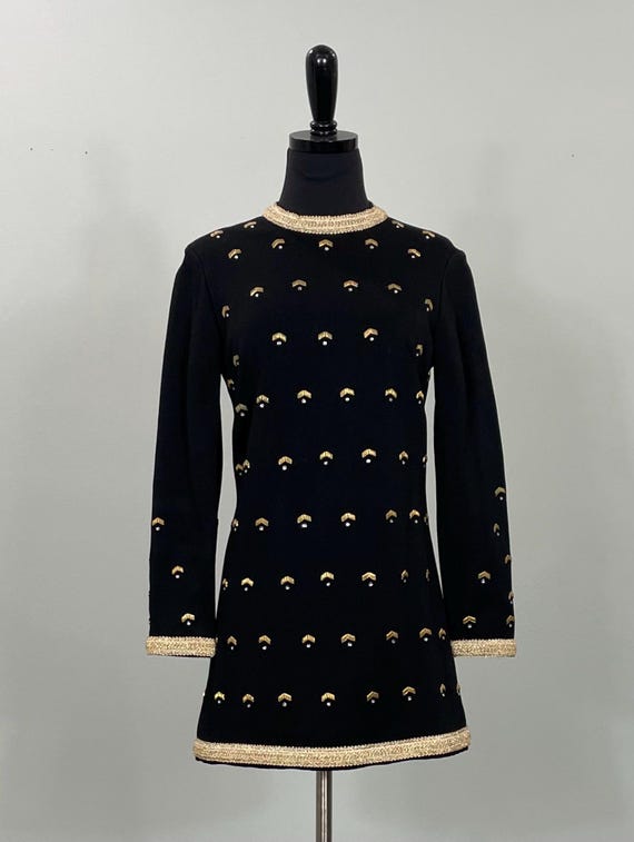 Gold Studded Black Micro Mini Dress with Rhinestone E… - Gem
