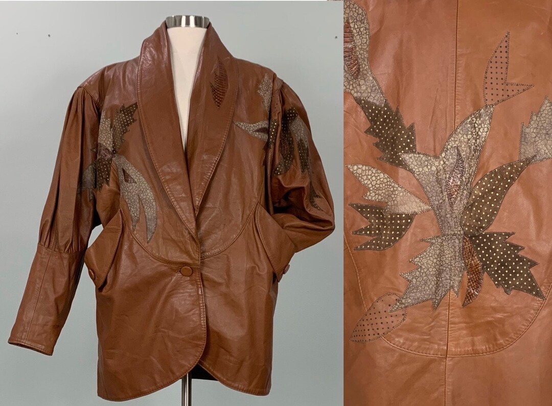 Oversized Brown Leather Jacket With Suede Appliques Size 12/14 80s ...