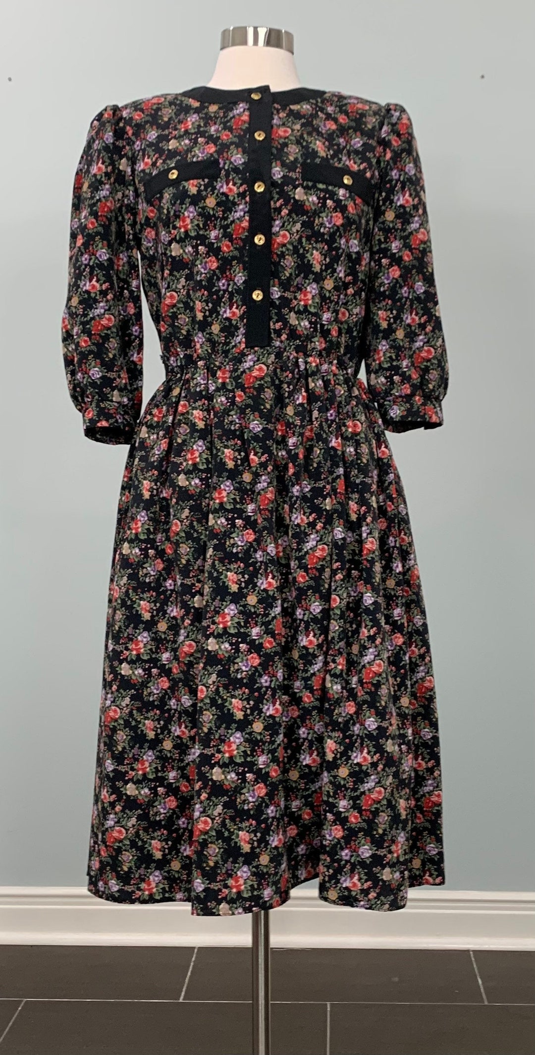 Black Floral Secretary Dress - Breli Originals - Size 8/10 - 80s Black ...