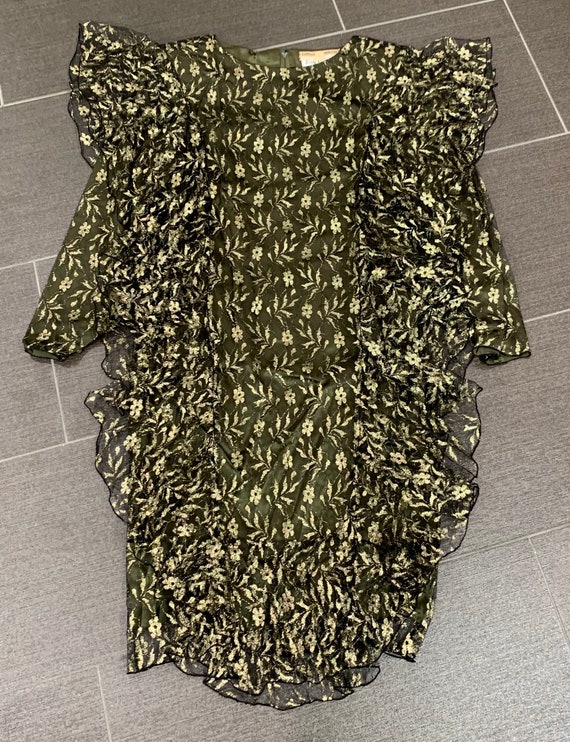 1980s Army Green and Gold Lame Lace Formal by Holly H… - Gem