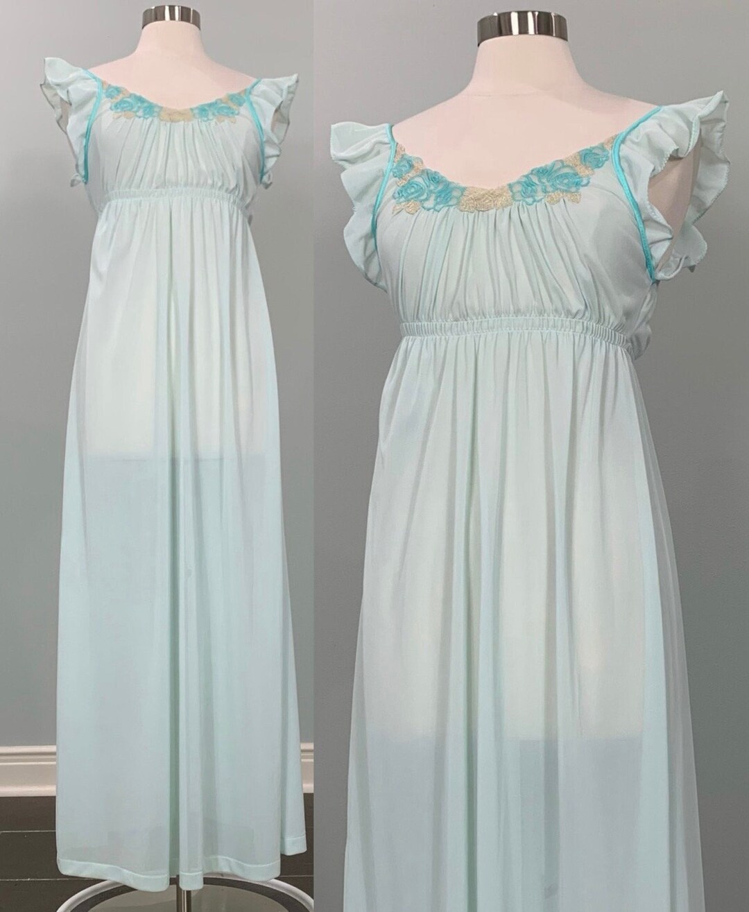 Light Blue Night Gown With Ruffled Cap Sleeve by Gossard Artemis Size 2 ...