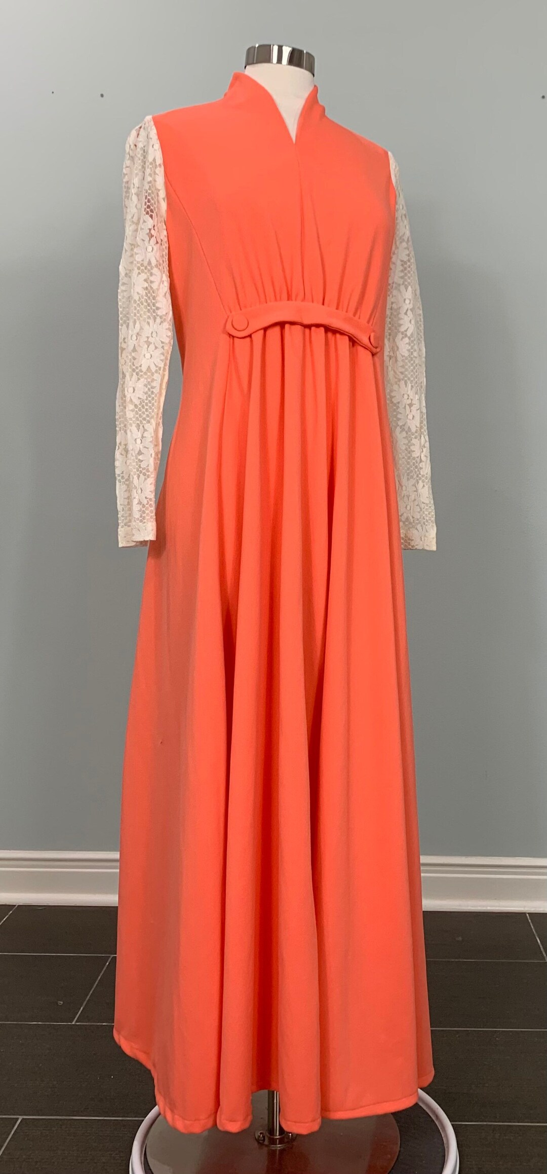 Tangerine Maxi Formal With Beige Lace Long Sleeves - Size 8/10 - 70s ...