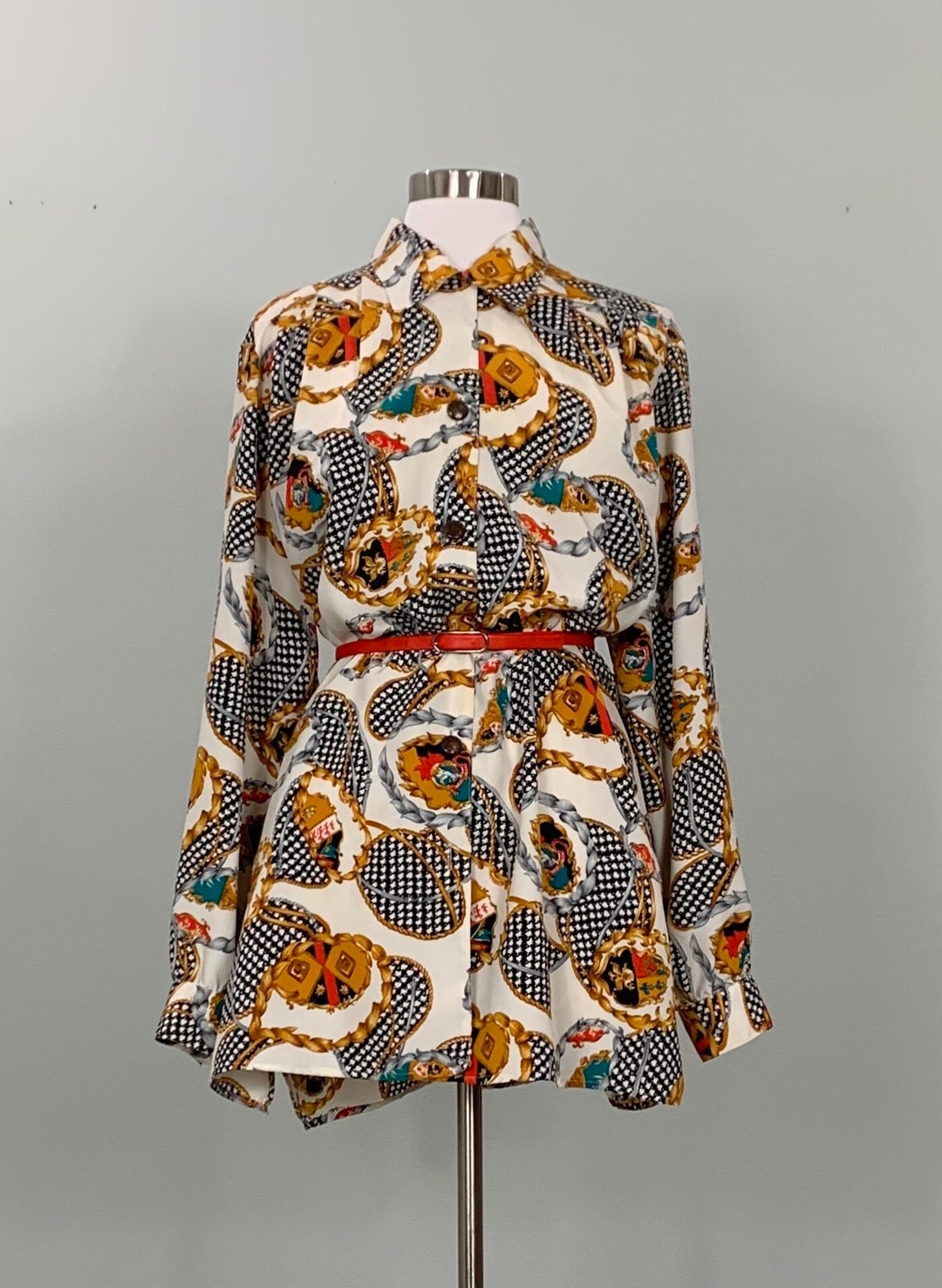 1990s Beige and Black Regal Shield Themed Oversized Blouse Size 12/14 ...