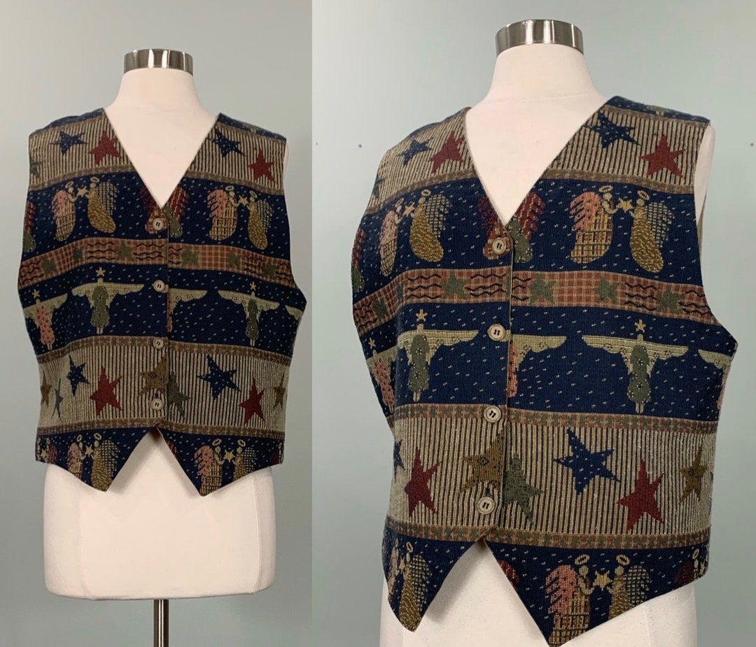 1990s on the Verge Navy Blue and Beige Angel Vest - Size 12/14 - 90s ...
