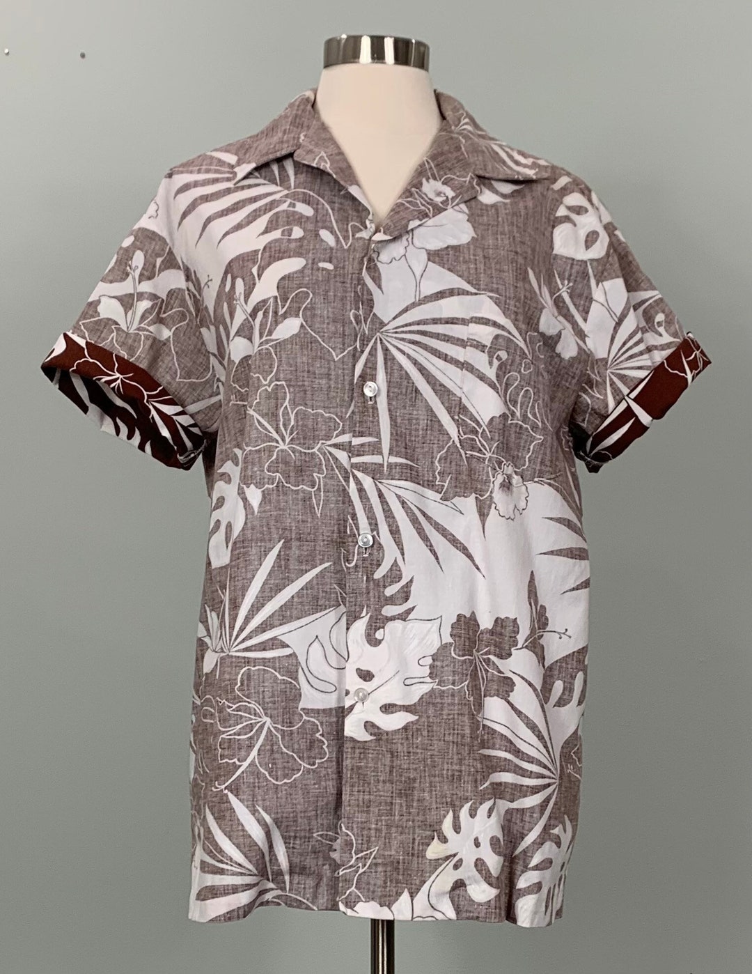 Brown and White Reverse Print Floral Hawaiian Shirt by Rai Nani - Men's ...