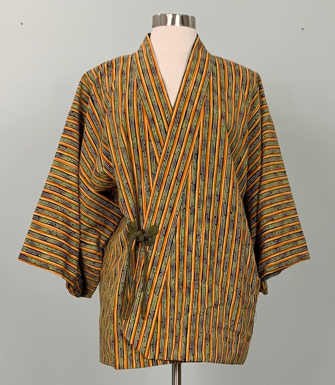 Olive Green and Orange Striped Kimono Jacket OSFM Vintage Green ...