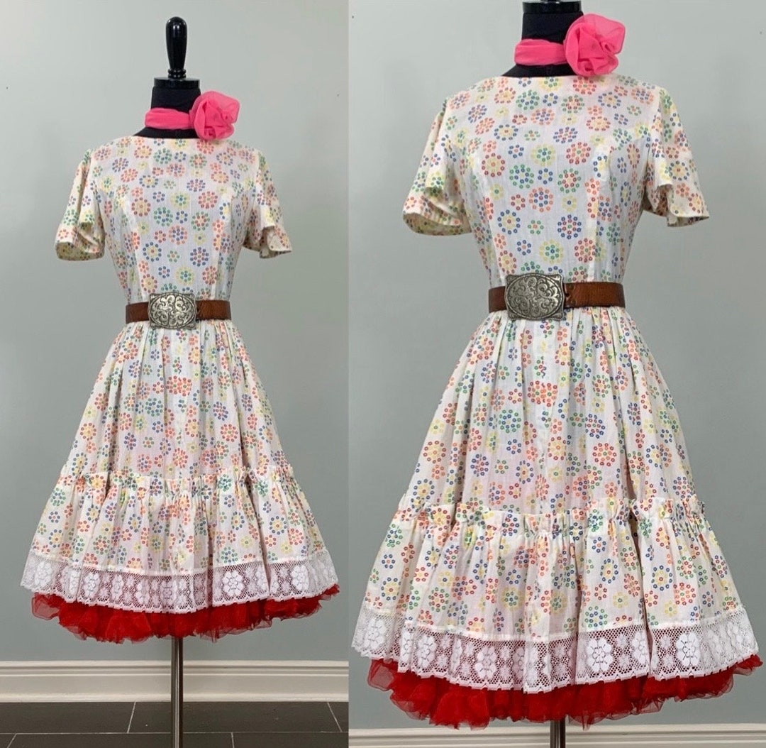 Colorful Floral Square Dance Dress - Size 0/2 - 70s Beige and Rainbow ...