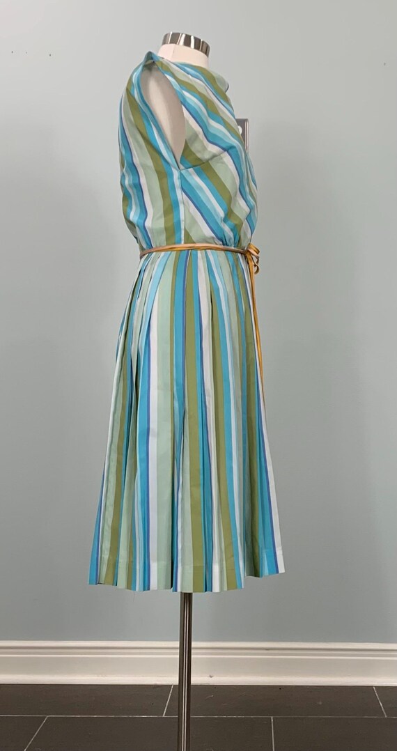 Green and Blue Striped Pleated Fit and Flare Dress by… - Gem