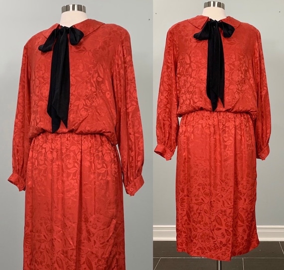 1980s Halston III Red Silk Long Sleeve Secretary Dres… - Gem
