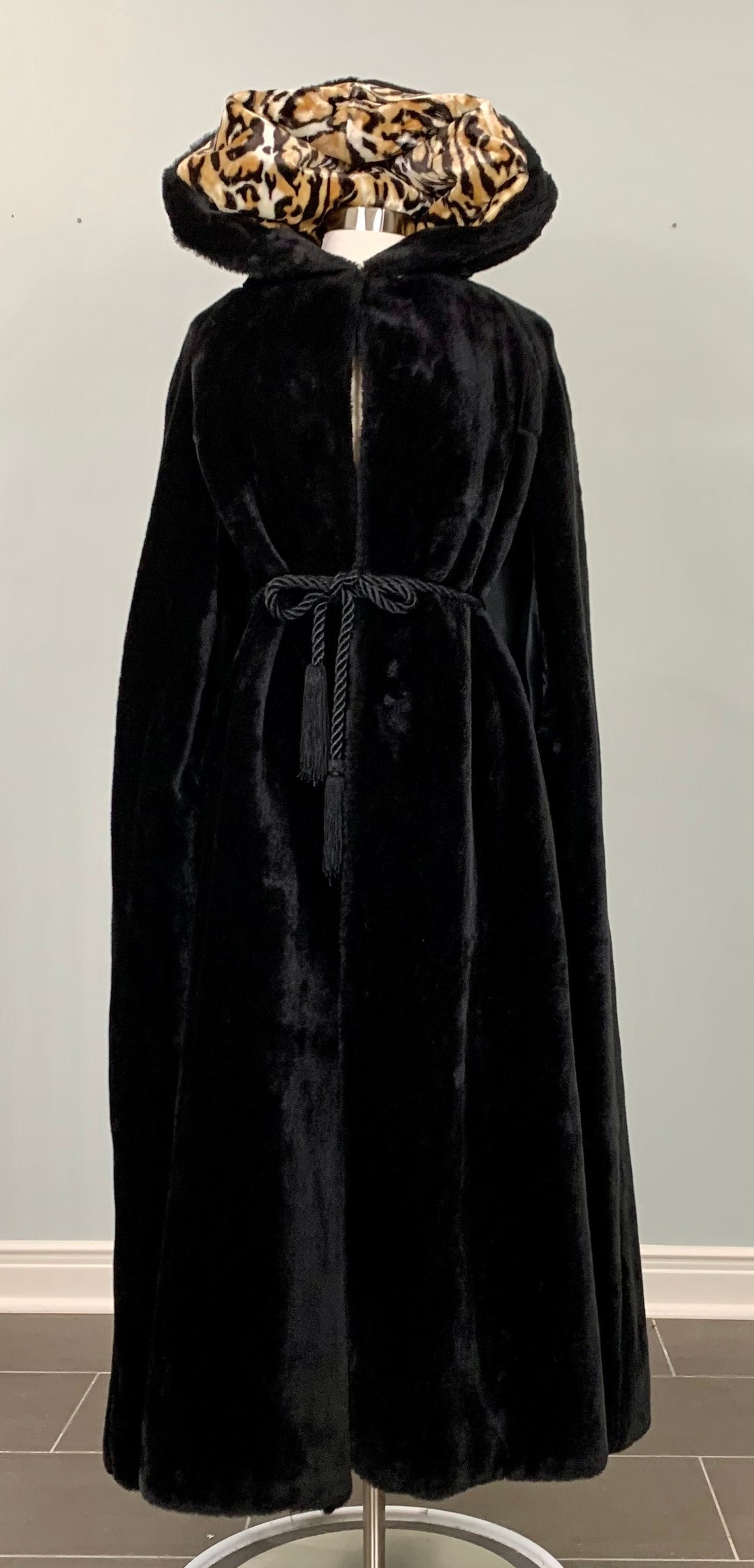 Black Faux Fur Leopard Hooded Cape - Leopard Cape - OSFM - Dramatic ...