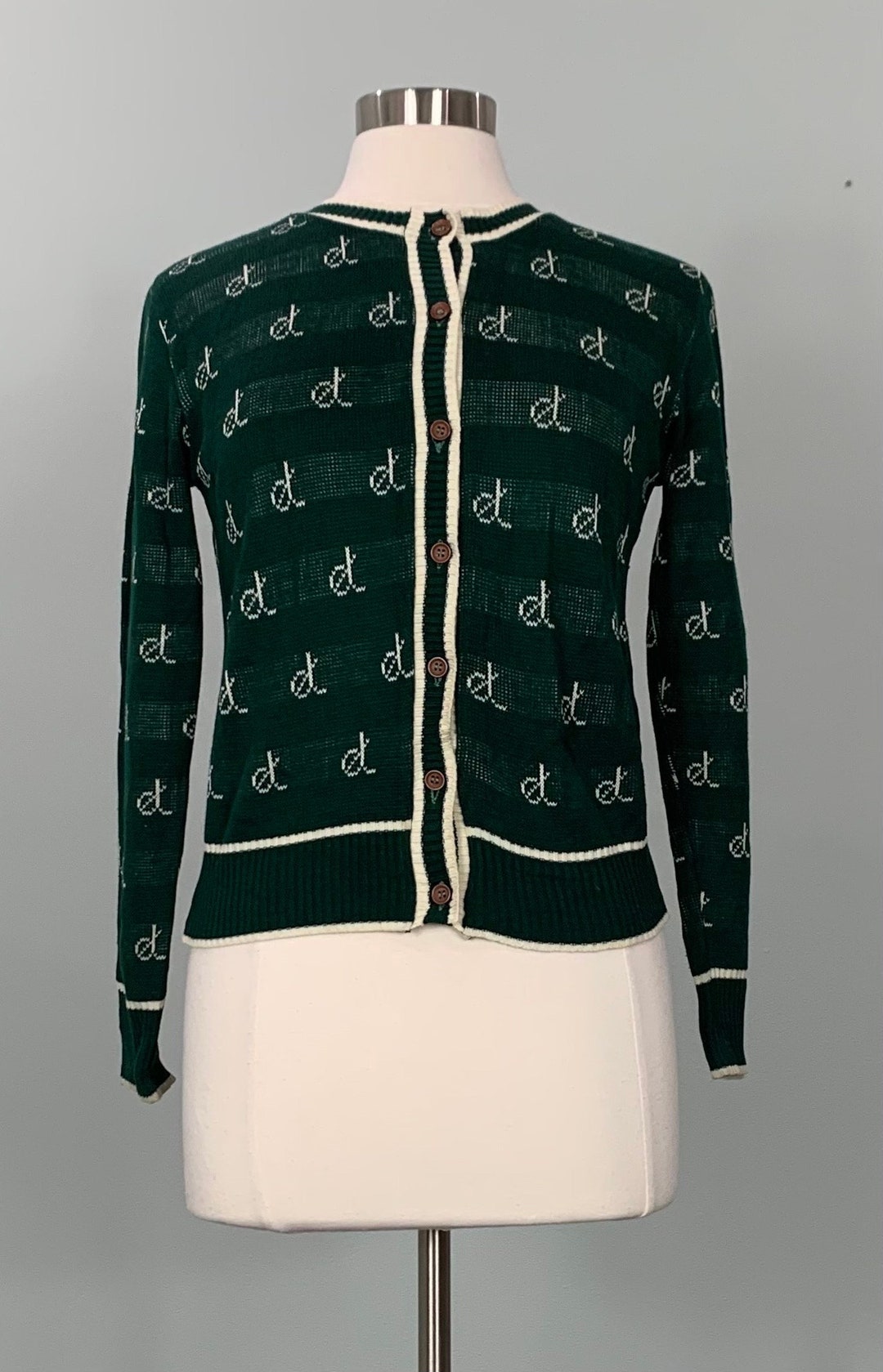 Ellen Tracy Monogram Emerald Green Cardigan - Size 2/4 - 70s Dark Green ...