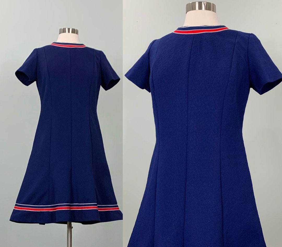 1960s Mod Navy Blue White and Red Fit and Flare Casual Mini Dress Size ...