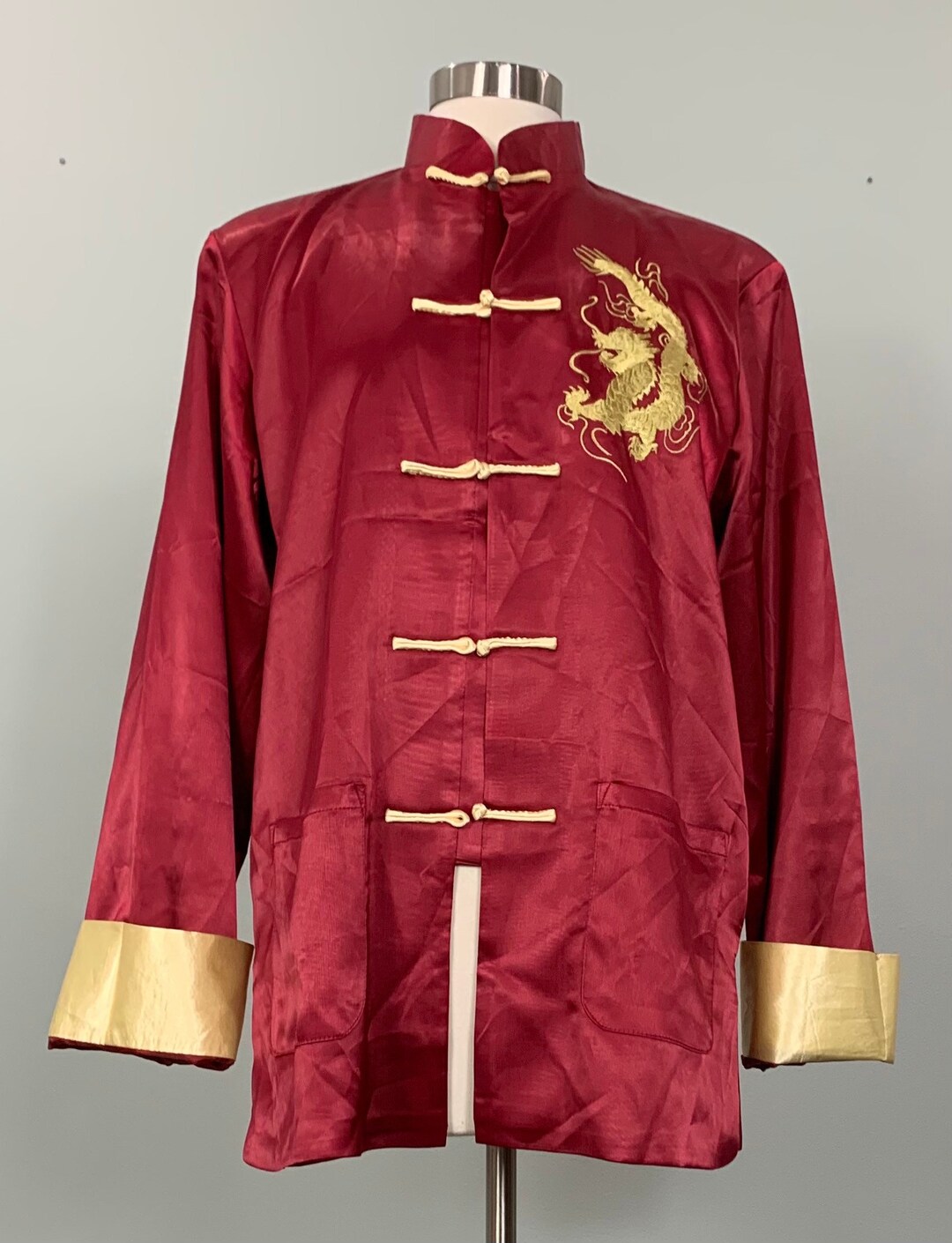 Maroon Asian Tunic With Gold Dragon by Kaiyu Size 8/10 Vintage Gold ...