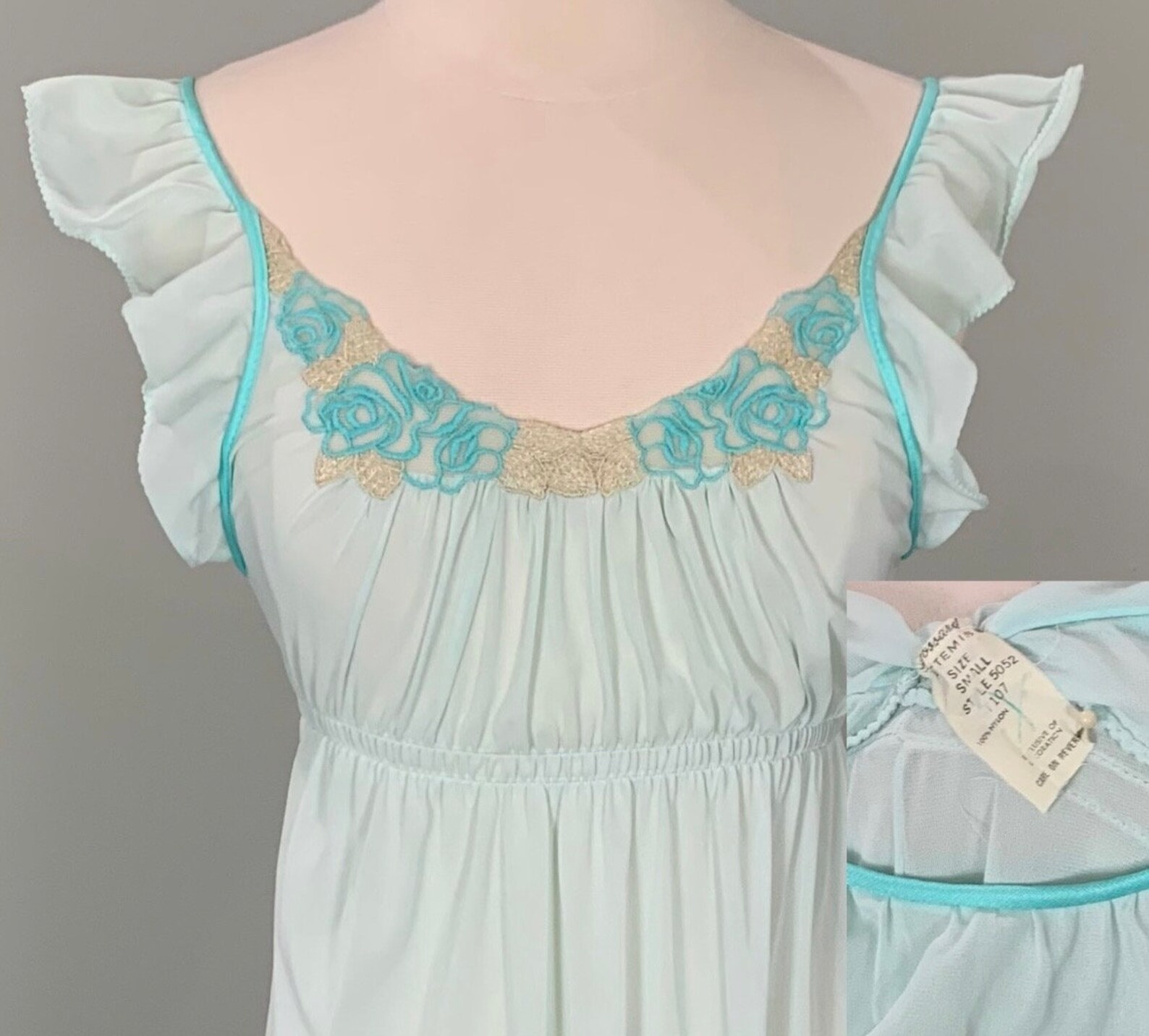 Light Blue Night Gown With Ruffled Cap Sleeve by Gossard Artemis Size 2 ...