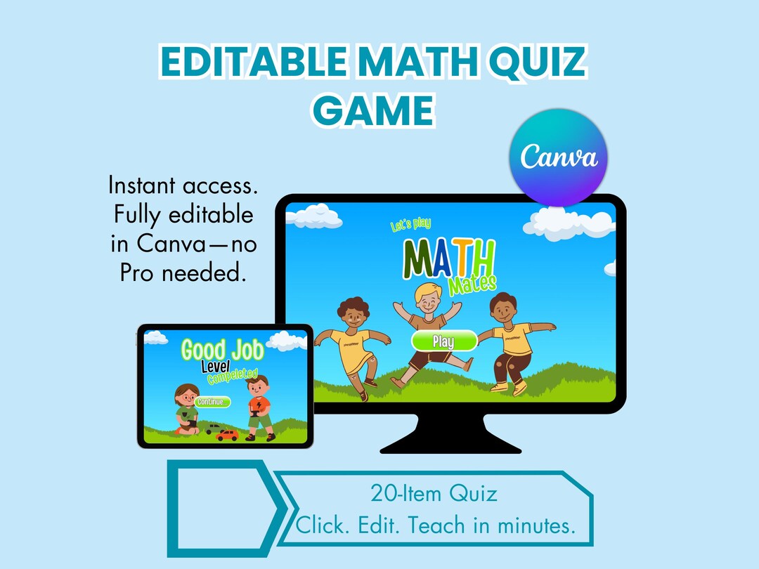 Editable Math Quiz Game Canva Template: Kids Learning Activity (PDF ...