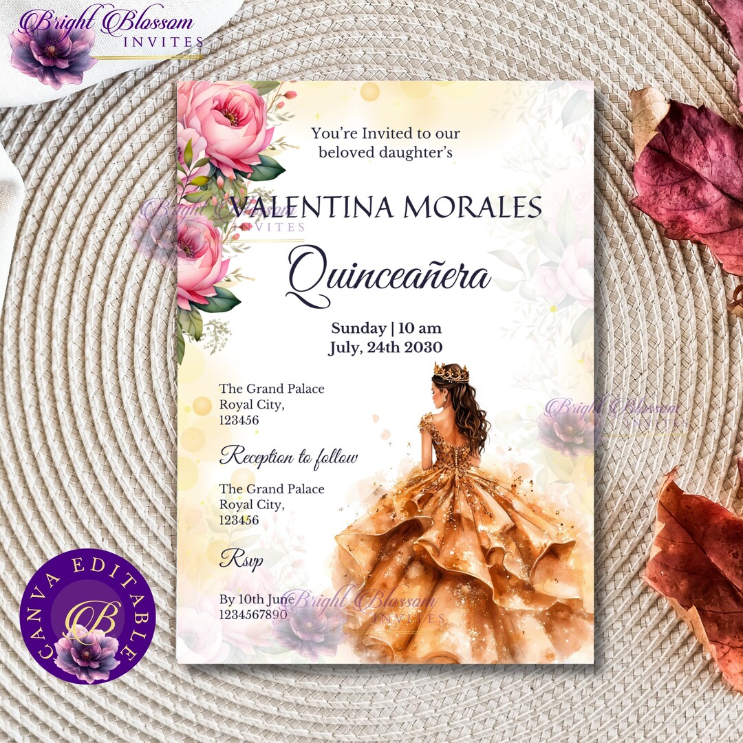 Pink Gold Quince Invitation Template Pink Roses Digital Quinceanera ...