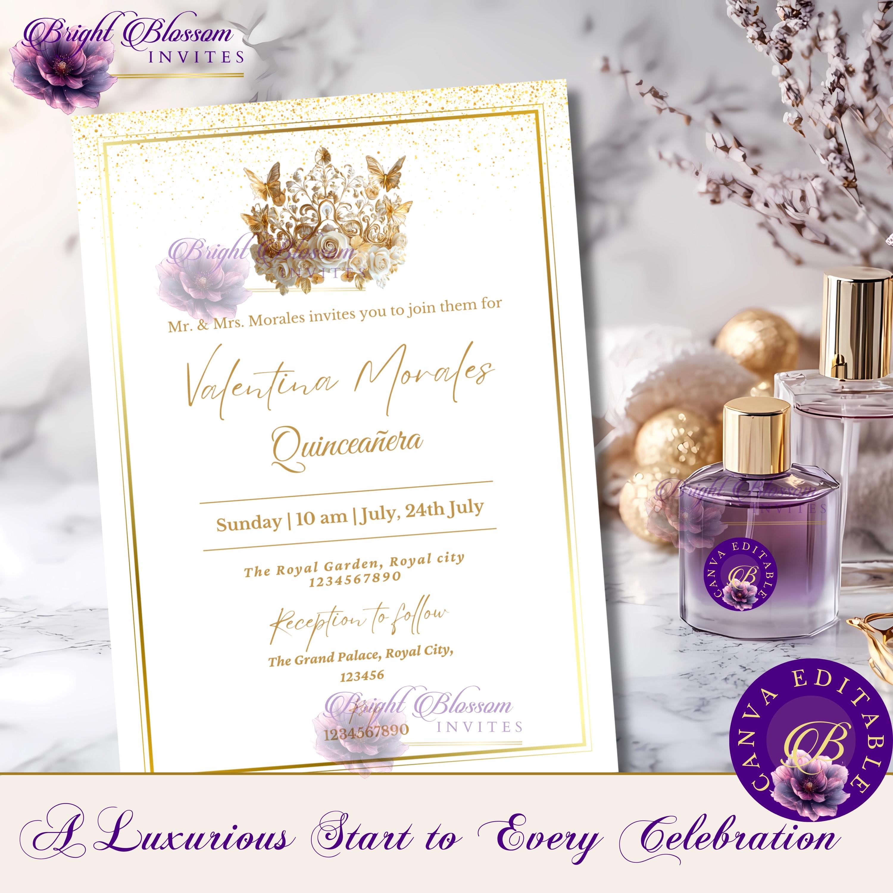 Ivory Quinceañera Invitation Template With Gold Floral Crown Quince ...