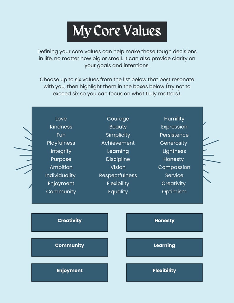 Core Value and Personal Growth Worksheets - Etsy