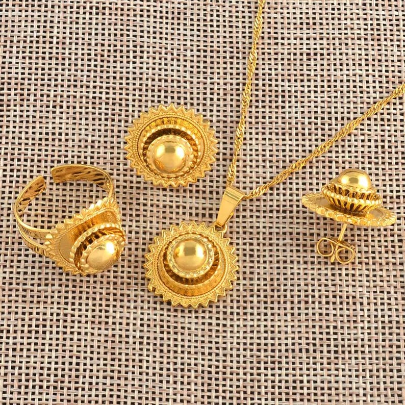 Elegant Ethiopian Sunburst Necklace With Matching Earrings & Ring 3pc ...