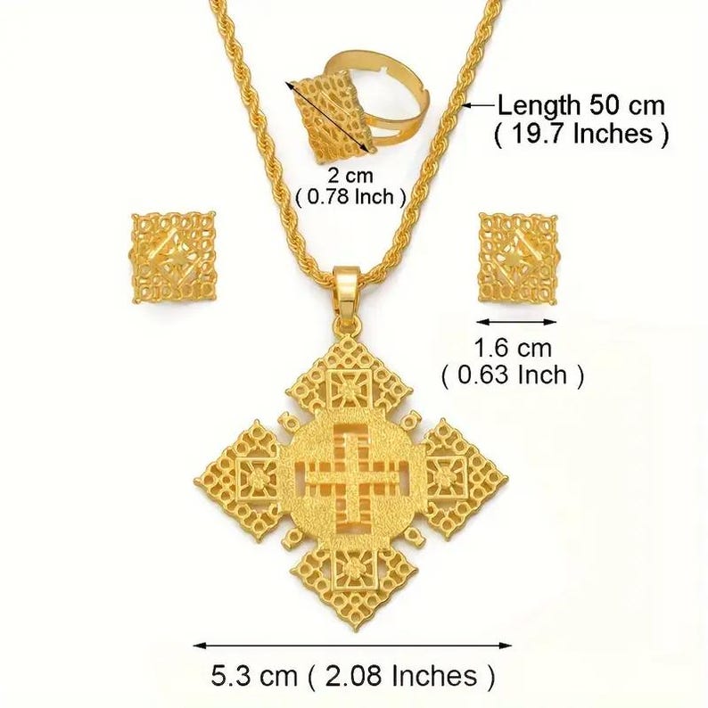 Ethiopian Orthodox 24K Gold Plated Cross Necklace, Earrings & Ring Set ...