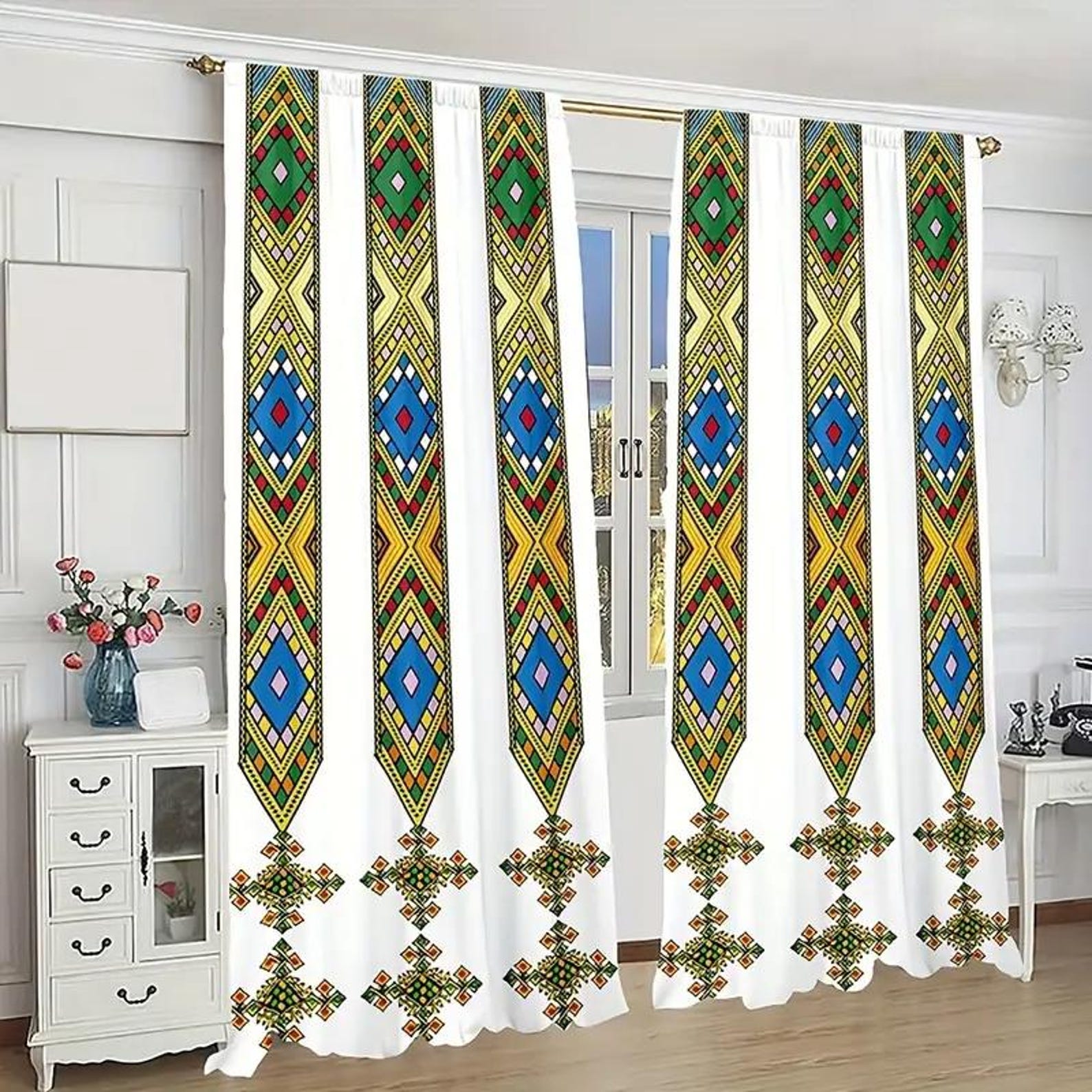 Ethiopian Cross Curtains: Geometric Ethnic Living Room Drapes (set of 2 ...