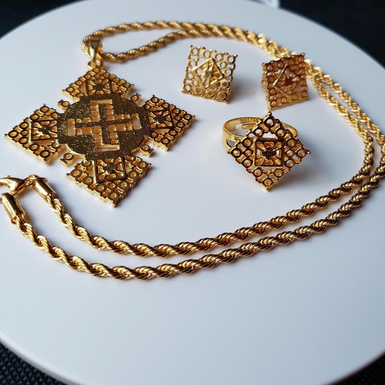 Ethiopian Orthodox 24K Gold Plated Cross Necklace, Earrings & Ring 3pc ...