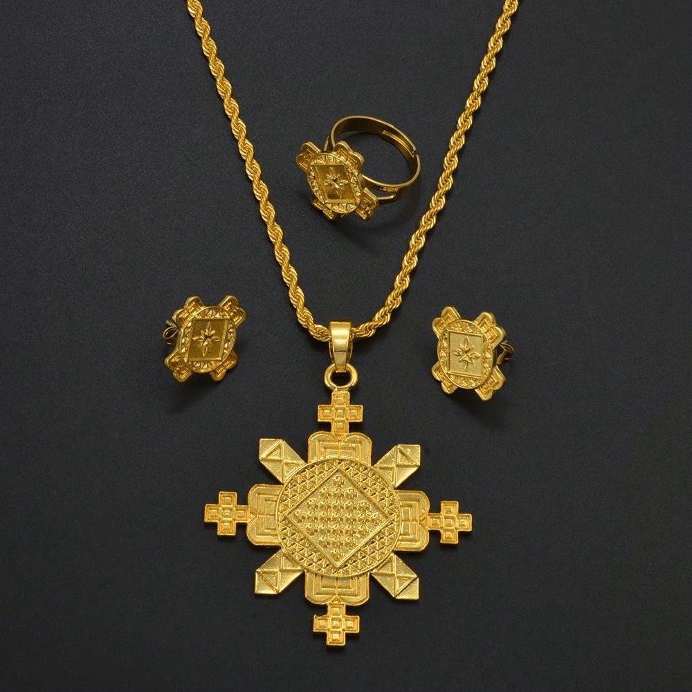 Gorgeous Ethiopian Gondar Gold Cross Necklace Jewelry Set - 3pc Set ...
