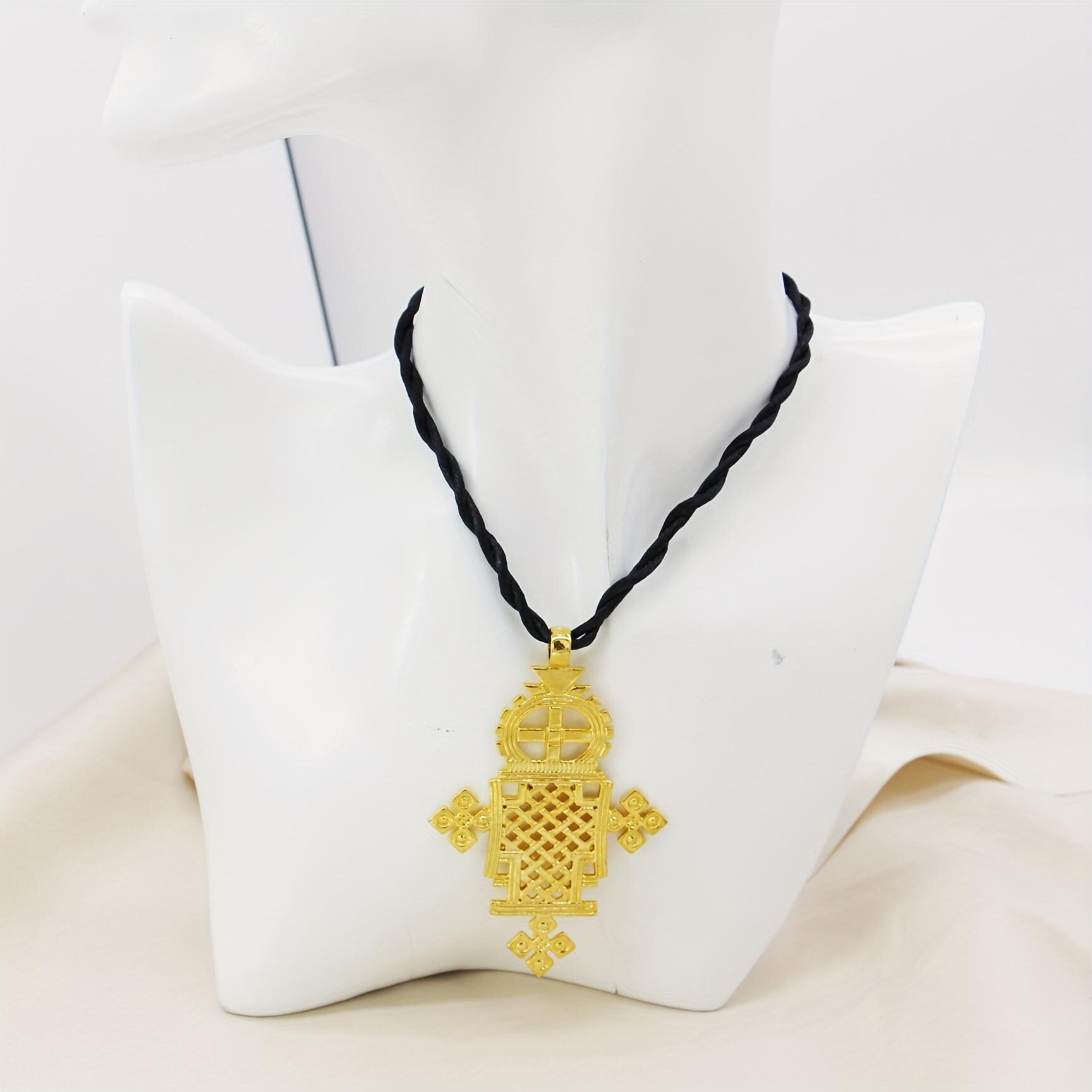 Ethiopian Orthodox Christian Gold Axum Cross Necklace on Black Rope ...