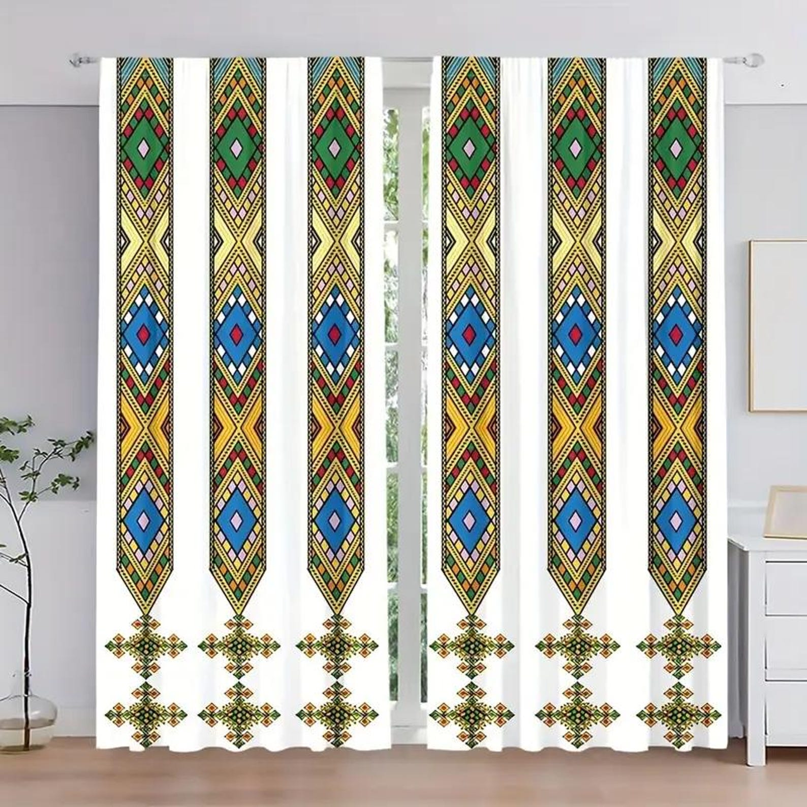 Ethiopian Cross Curtains: Geometric Ethnic Living Room Drapes (set of 2 ...