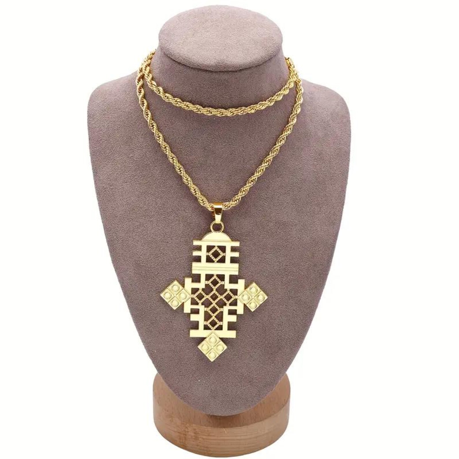 Large Ethiopian Orthodox Lalibela Cross Necklace on Rope Chain (24KGP ...