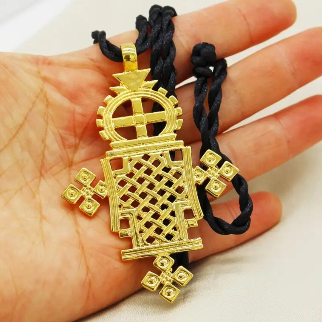 Ethiopian Orthodox Christian Gold Axum Cross Necklace on Black Rope ...