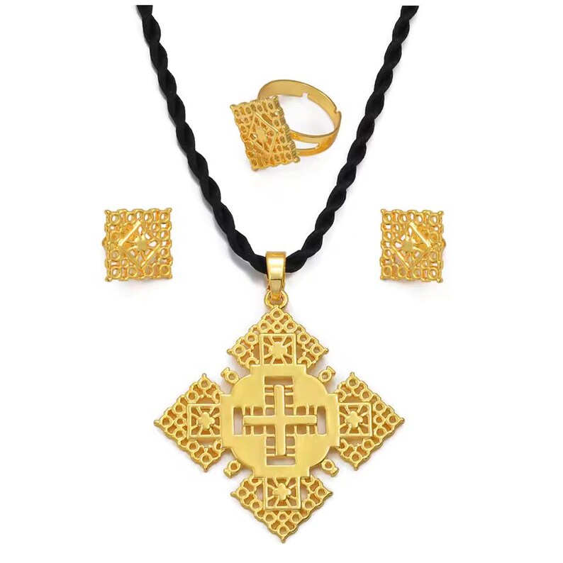 Ethiopian Orthodox 24K Gold Plated Cross Necklace, Earrings & Ring 3pc ...