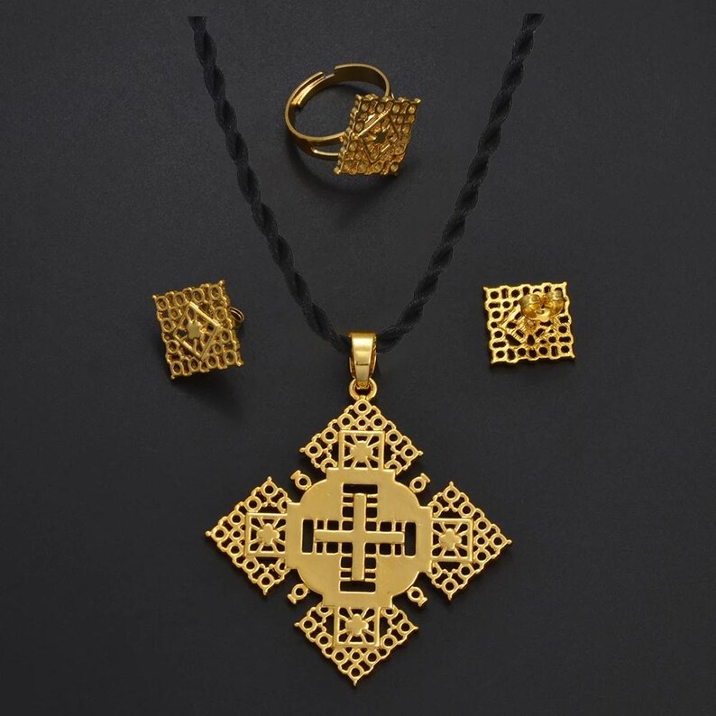 Ethiopian Orthodox 24K Gold Plated Cross Necklace, Earrings & Ring 3pc ...