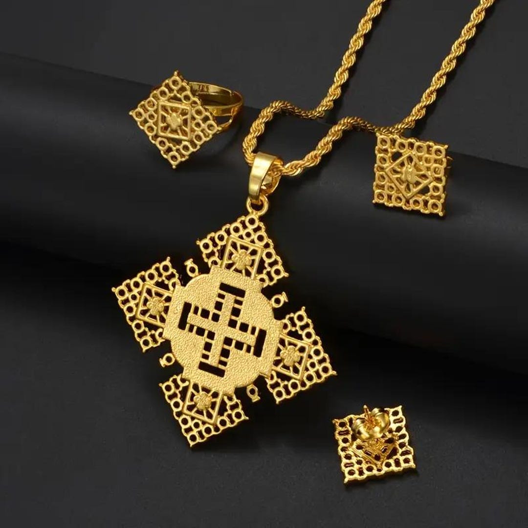 Exquisite Ethiopian Orthodox Gold Cross Necklace With Matching Earrings ...