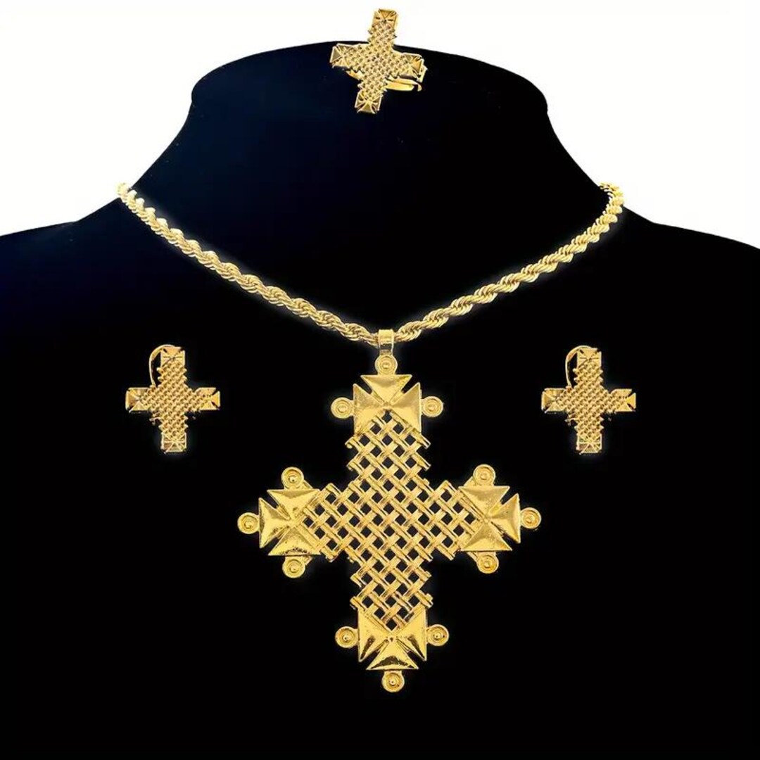 Big Ethiopian Orthodox Gold Cross Necklace With Matching Earrings ...