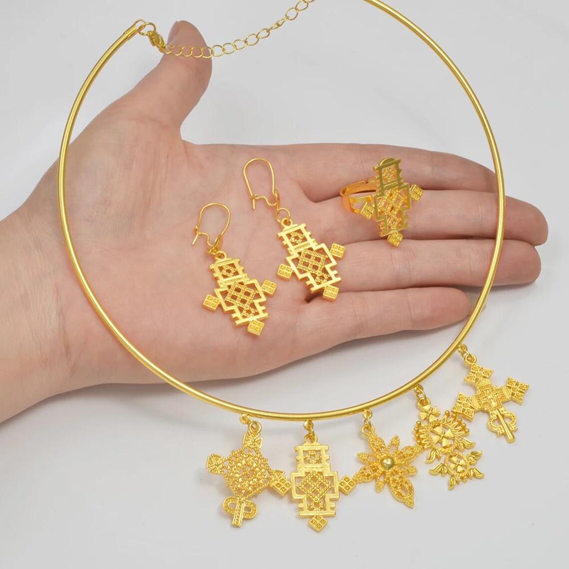 Ethiopian - Eritrean Multiple Cross Choker Necklace | Matching Earrings ...