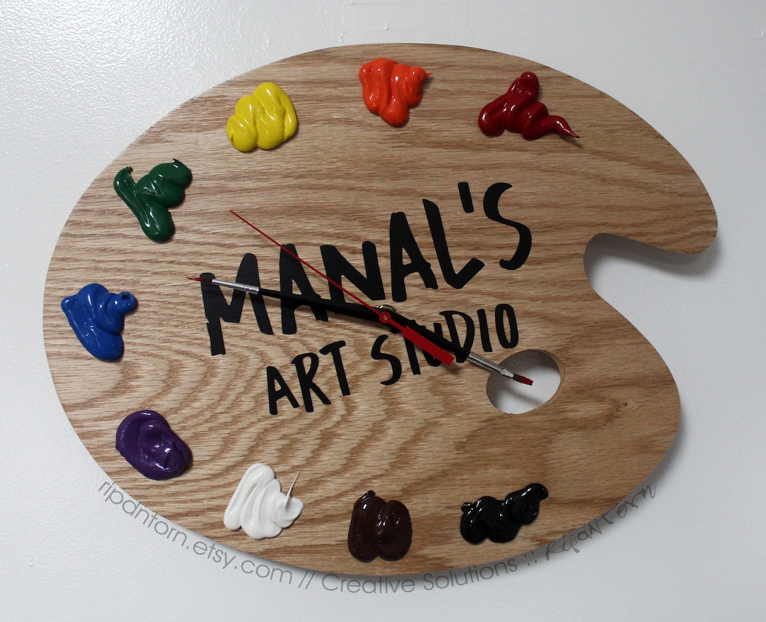 Personalized Art Palette Clock: Handmade Oak Artist Studio Sign, Gift ...