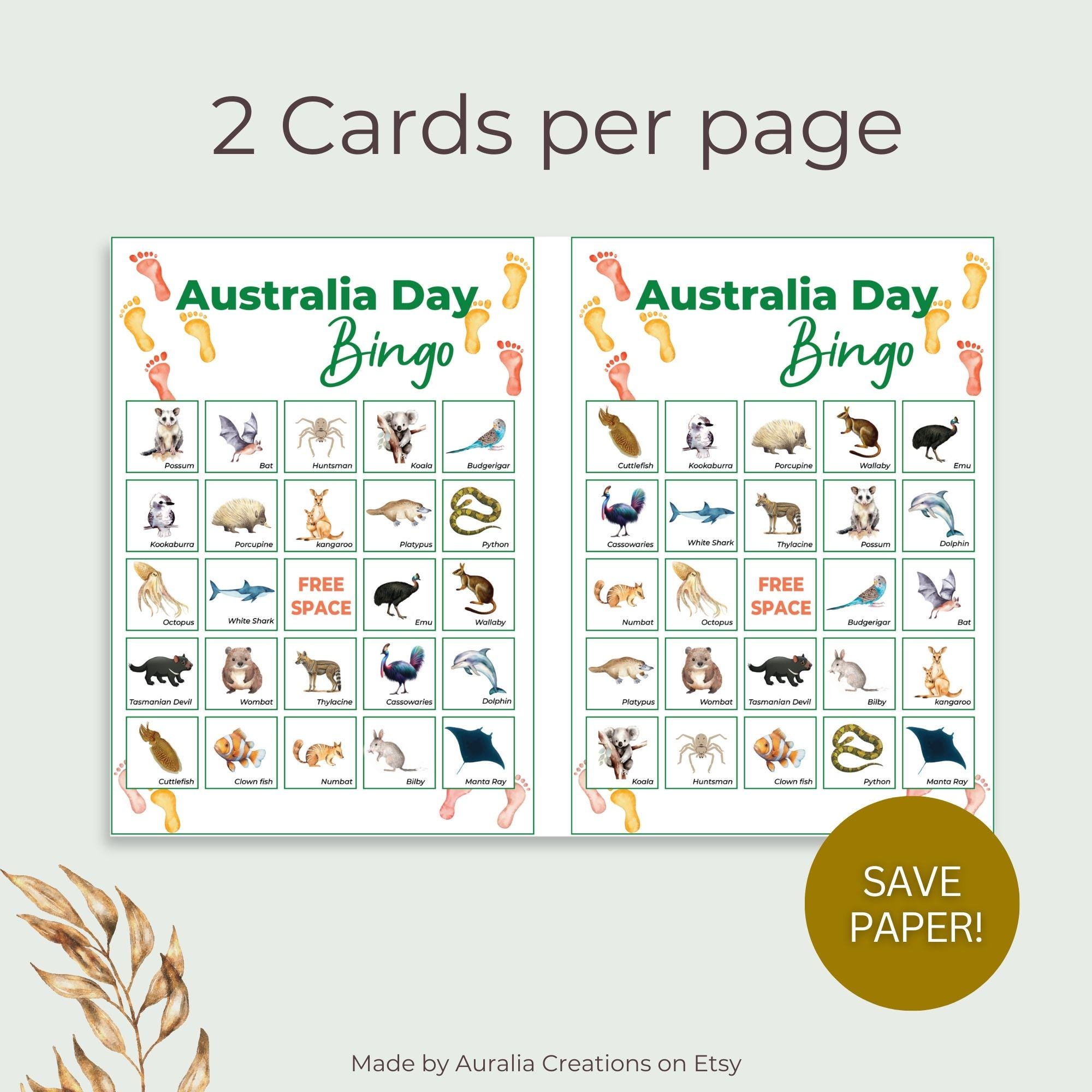 Australia Day Bingo Game Printable & Digital 30 Bingo Cards Animal ...