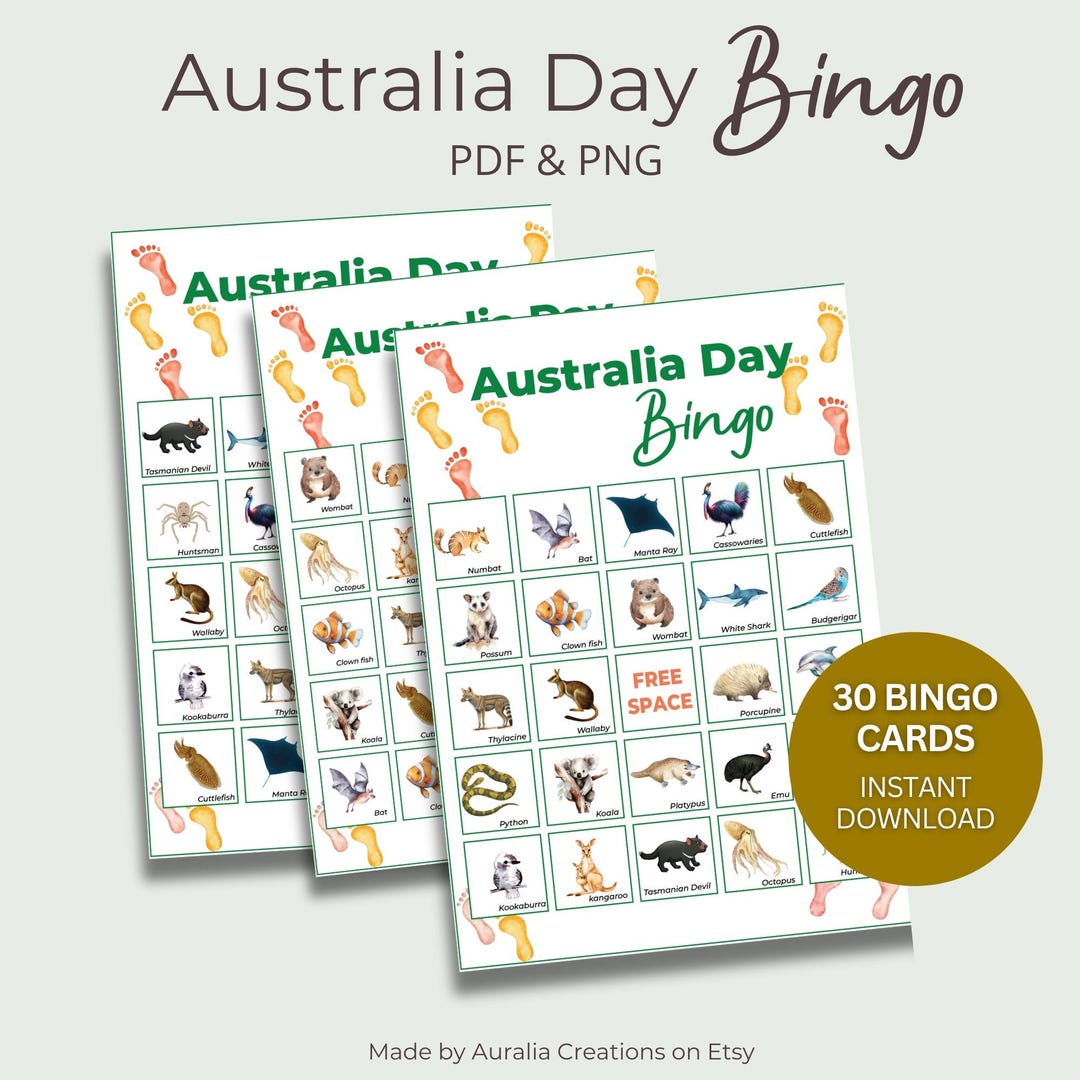 Australia Day Bingo Game Printable & Digital 30 Bingo Cards Animal ...