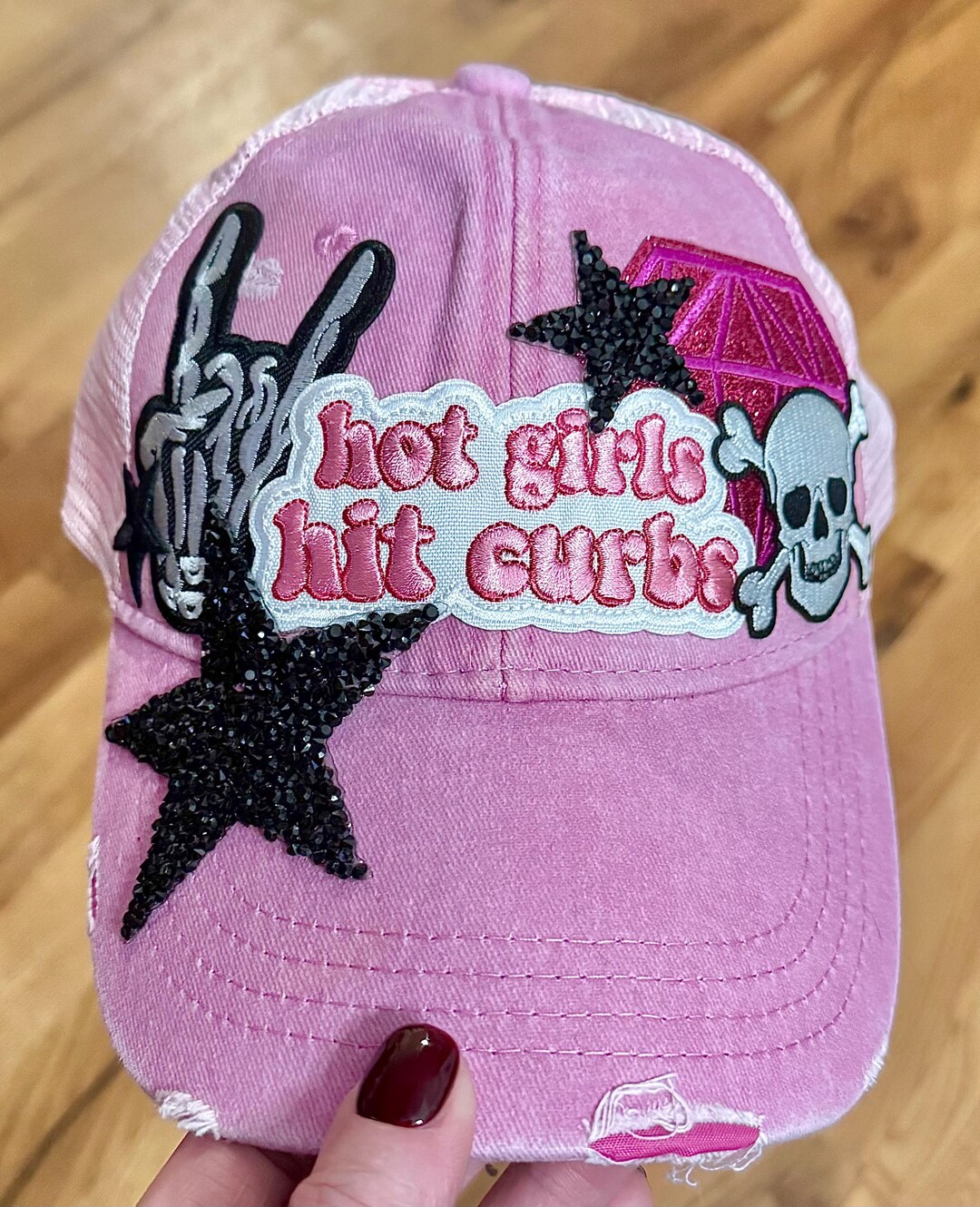 Hot Girls Hit Curbs Patched Dad Hat | Vintage Wash | Rhinestone Stars ...