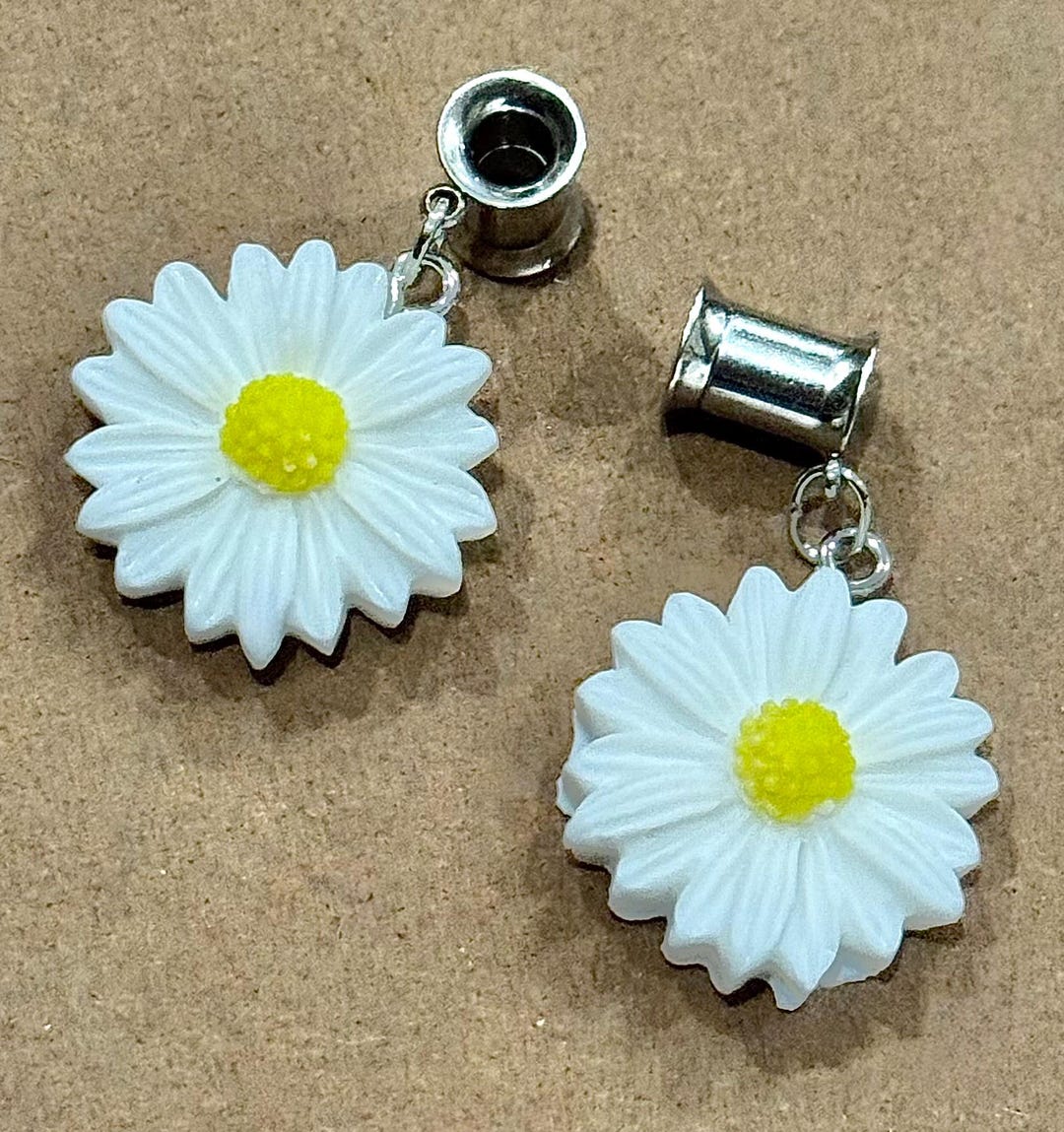 Daisy Dangle Gauge Earrings: Sunflower Plugs, Silver Gold Black - Etsy