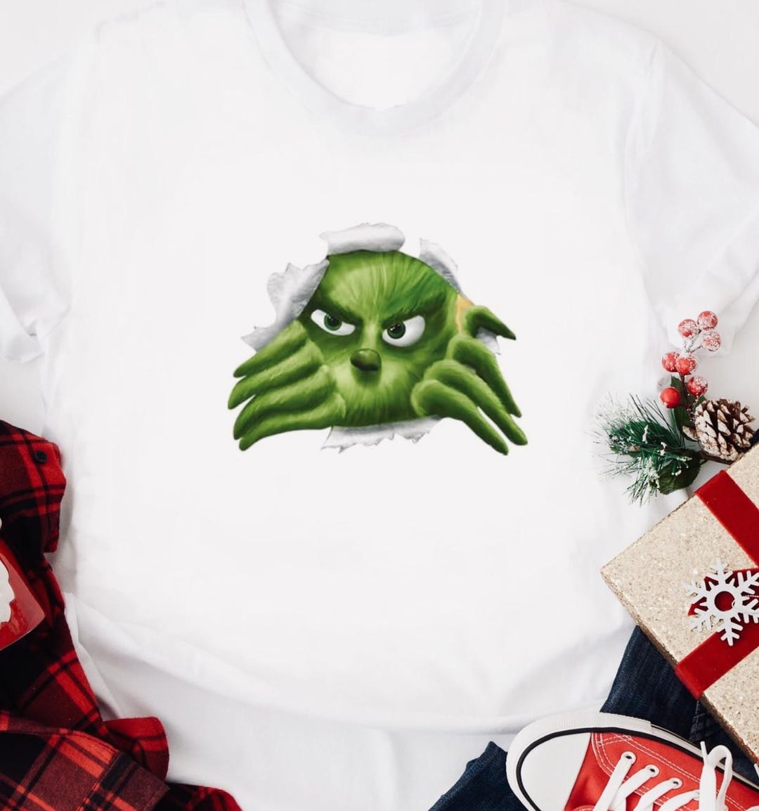 Peek a Boo Grinch Shirt Funny Face Tear Christmas Holiday Season Men ...