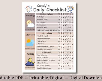 Kids Daily School Checklist Responsibility Chart to Do List, Chore ...