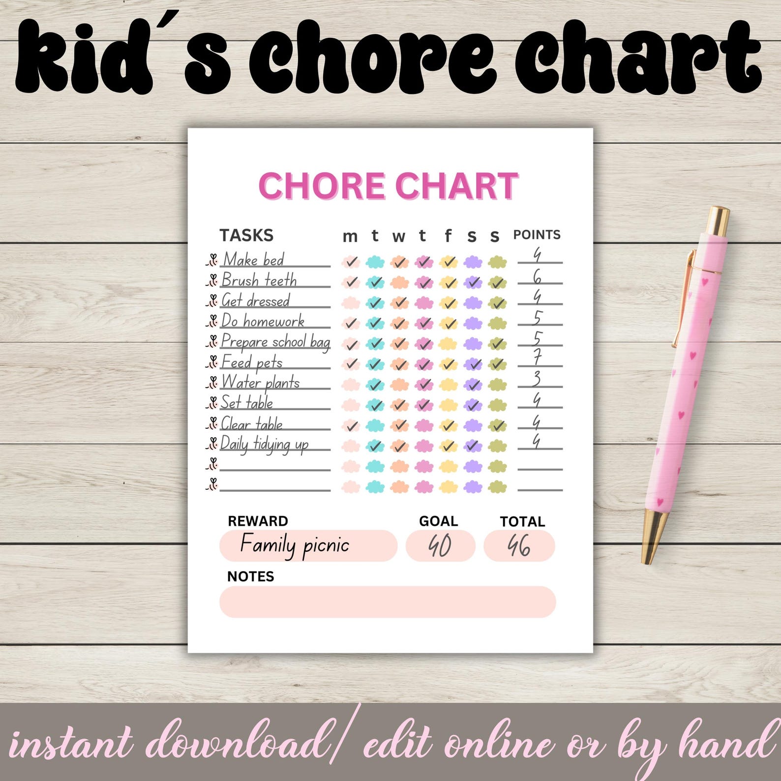 Chore Chart Printable Kids Daily Weekly Routine Kids Reward Chart Kids ...