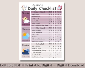 Kids Daily School Checklist Responsibility Chart to Do List, Chore ...