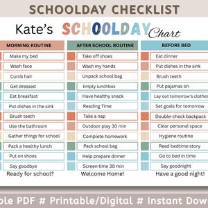 Kids Daily School Checklist Responsibility Chart to Do List, Chore ...
