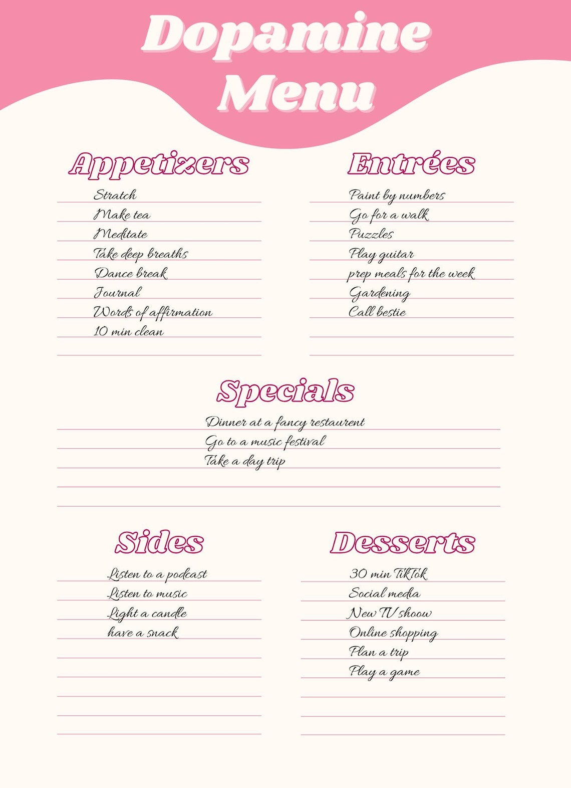Dopamine Menu Printable, ADHD Tools, Retro Pink Dopamine Menu,dopamenu ...