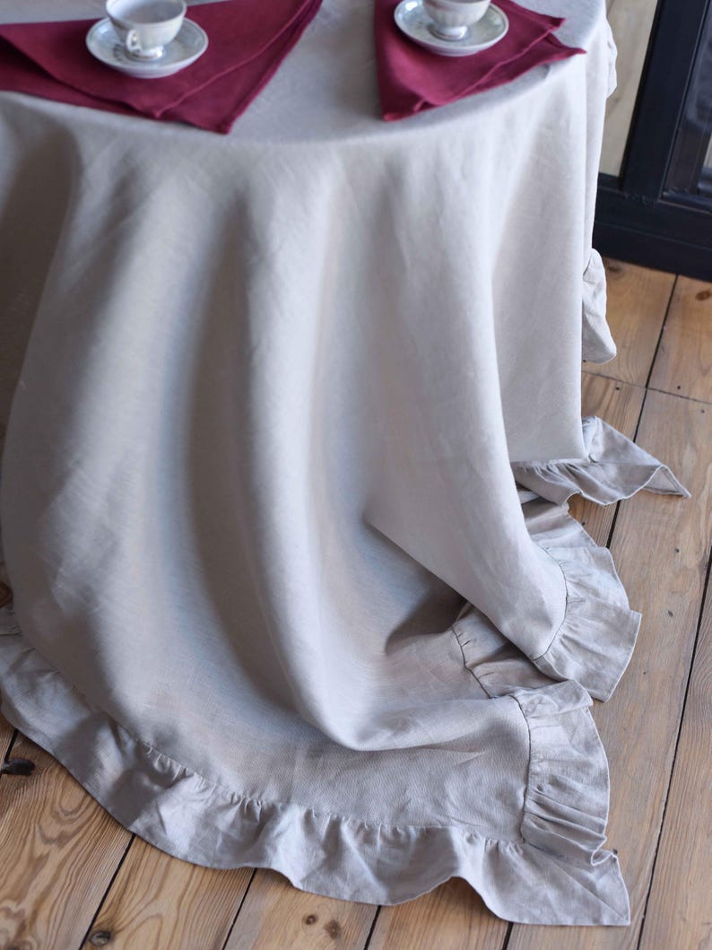 Customizable Ruffled Linen Round Tablecloth Elegant Dining Room Decor ...
