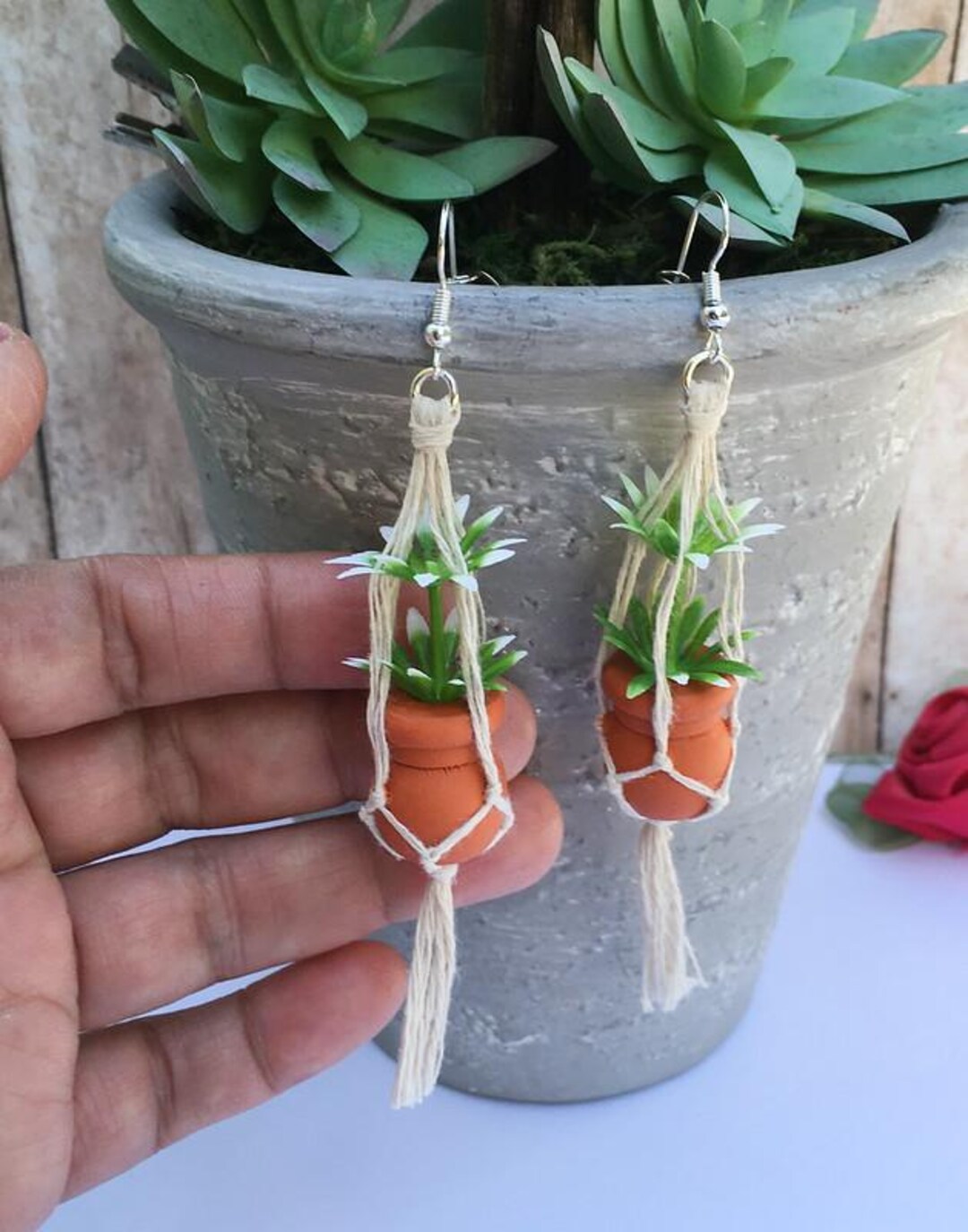 Hanging Mini Plant Earrings Pots Terracotta Macrame, Mini-palm Plant ...